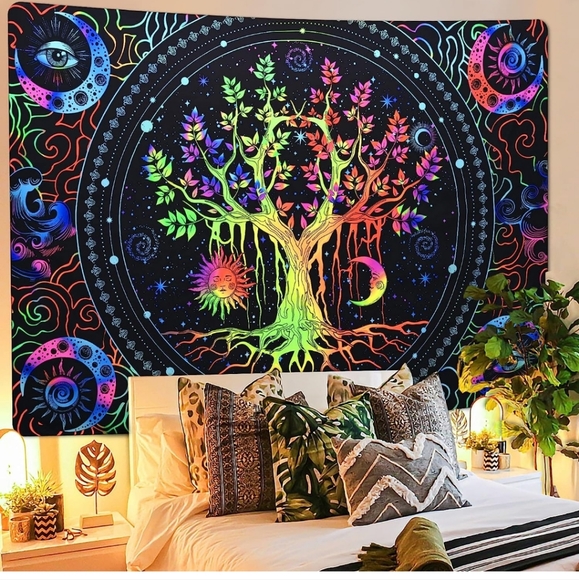 Wall Decor | Blacklight Tree Of Life Tapestry Trippy Sun And Moon ...
